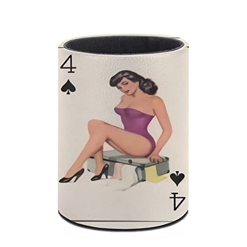 Poker Pinup Girls Pen Holder PU Leather Pencil Cup Cute Desk Organizer Makeup Brush Box for Home Office