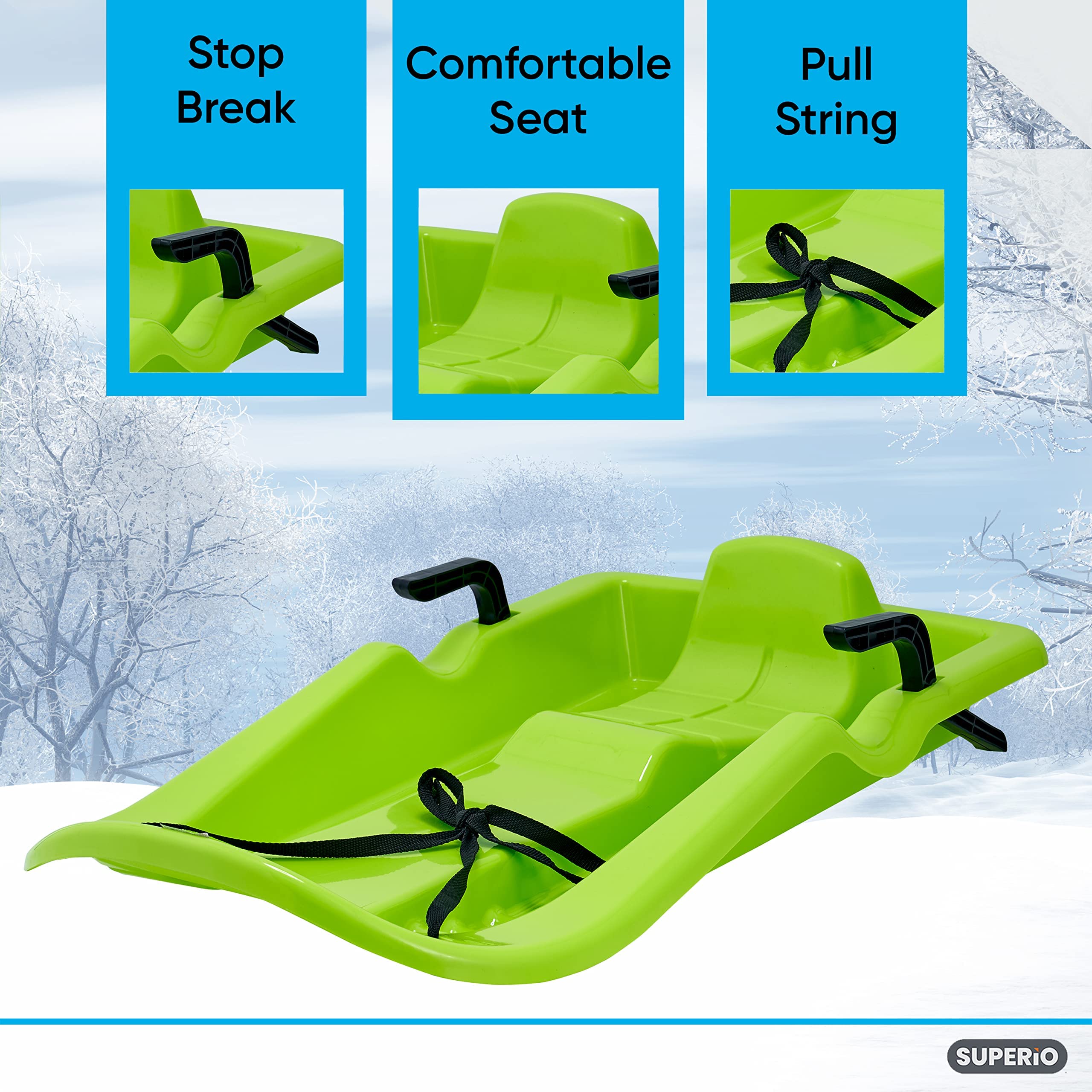 Superio Downhill Snow Sled with Brake Handles for Kids, 35β Toboggan Plastic Sleigh with Pull Rope, Green. (2)