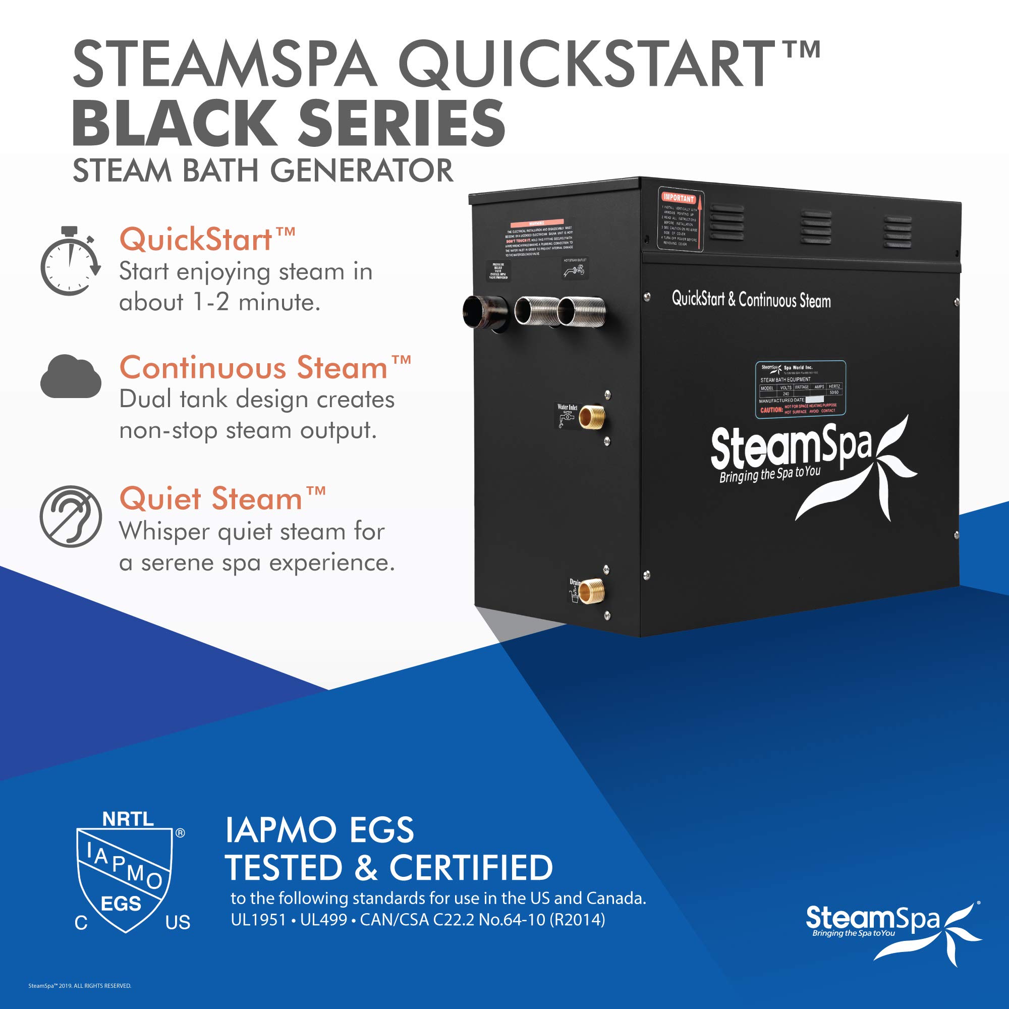 Steam Shower Generator Kit System | Brushed Nickel Shower Head + Self Drain Combo | Enclosure Steamer Sauna Spa Stall Package |Touch Screen Wifi App/Bluetooth Control Panel |12kW Raven |SS-RVB1200BN-A