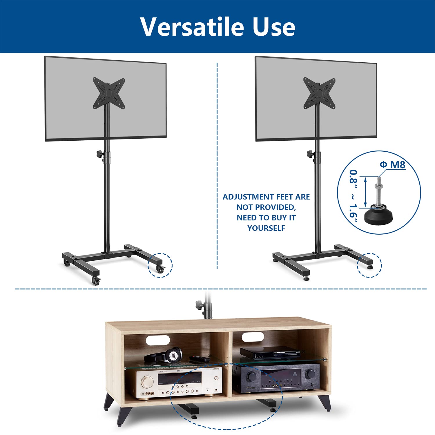 Rfiver Rolling Floor TV Stand with Mount for 13-43 Inch Flat Screen/Curved TVs, Portable Mobile TV Cart Display Stand with Wheels and Height Adjustable, Black