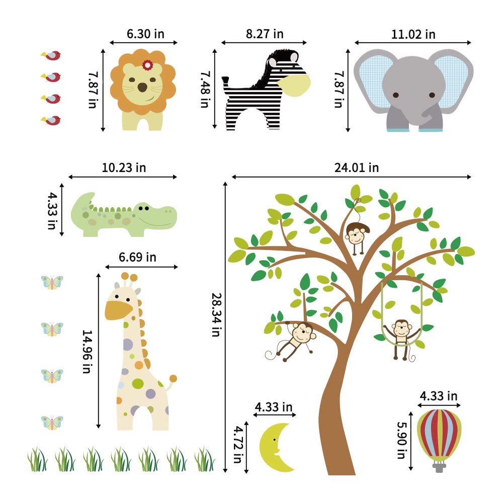 Supzone Jungle Tree Wall Stickers Pink Animal Wall Decals Removable for Girls Children's Room Nursery Bedroom Classroom Wall Decor
