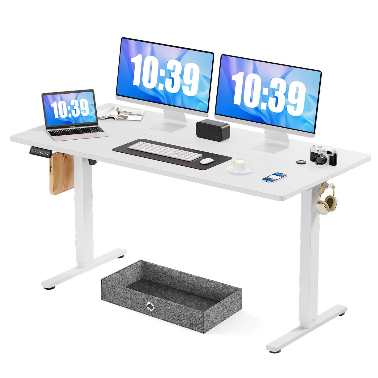 Standing Desk with Drawer, 63 x 24 Inch Home Office Electric Stand Up Desk with Drawer Storage, Height Adjustable Sit Stand Ergonomic Computer Desk with Wire Hole and Hook for Workstation, Study