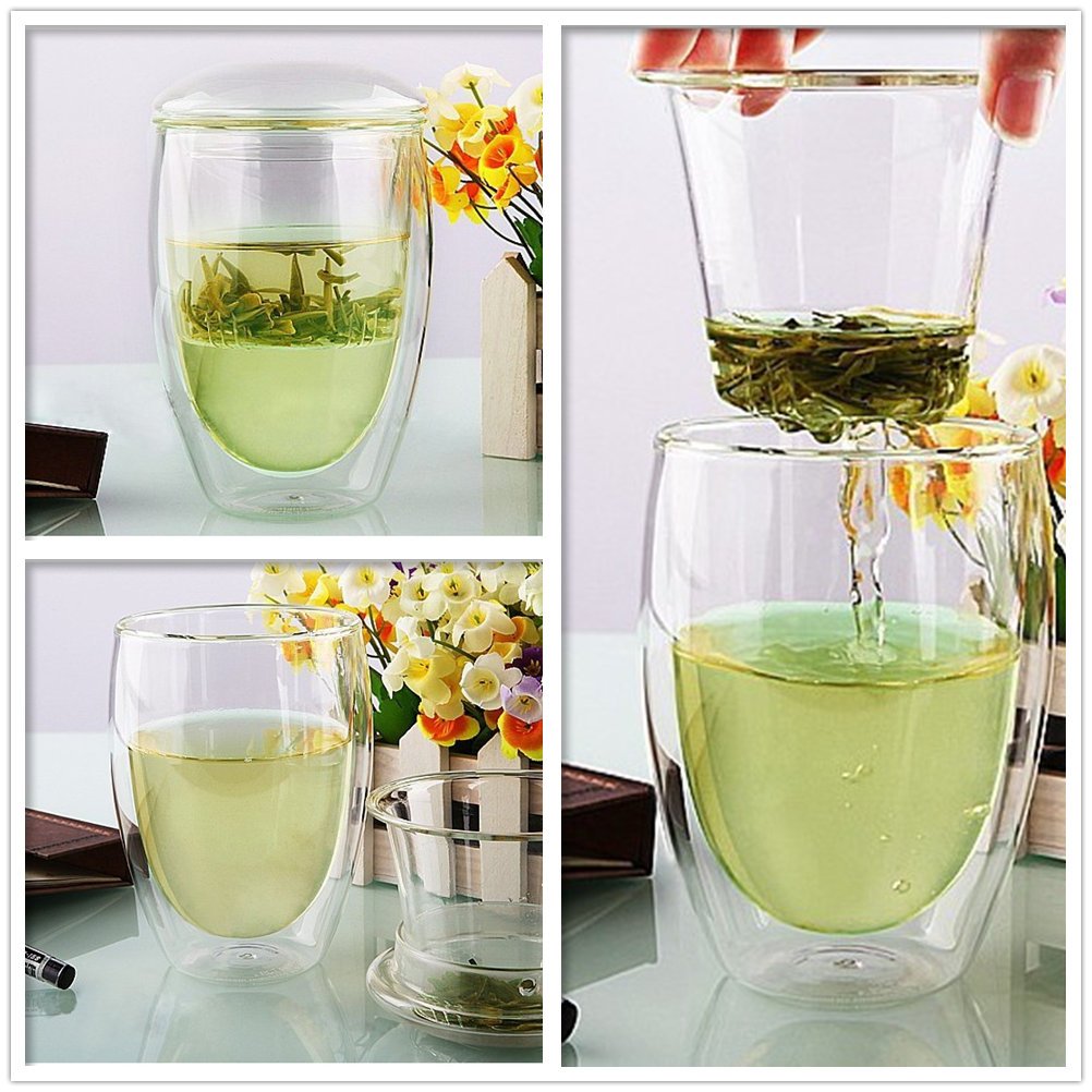 Zaoniy 12 oz Double-wall Glass Tea & Coffee Cup Mug W/Lid and Tea, Heat Resistant, Easy to Brew and Clean
