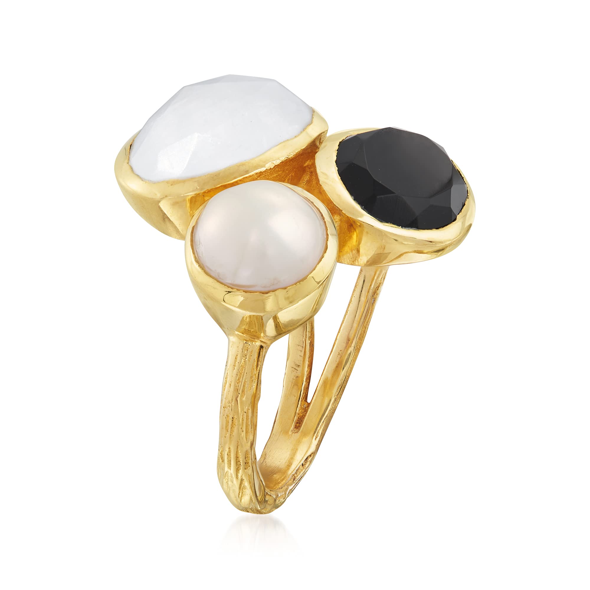 Ross-Simons 8mm Cultured Pearl, Black Onyx and Moonstone Ring in 18kt Gold Over Sterling. Size 7
