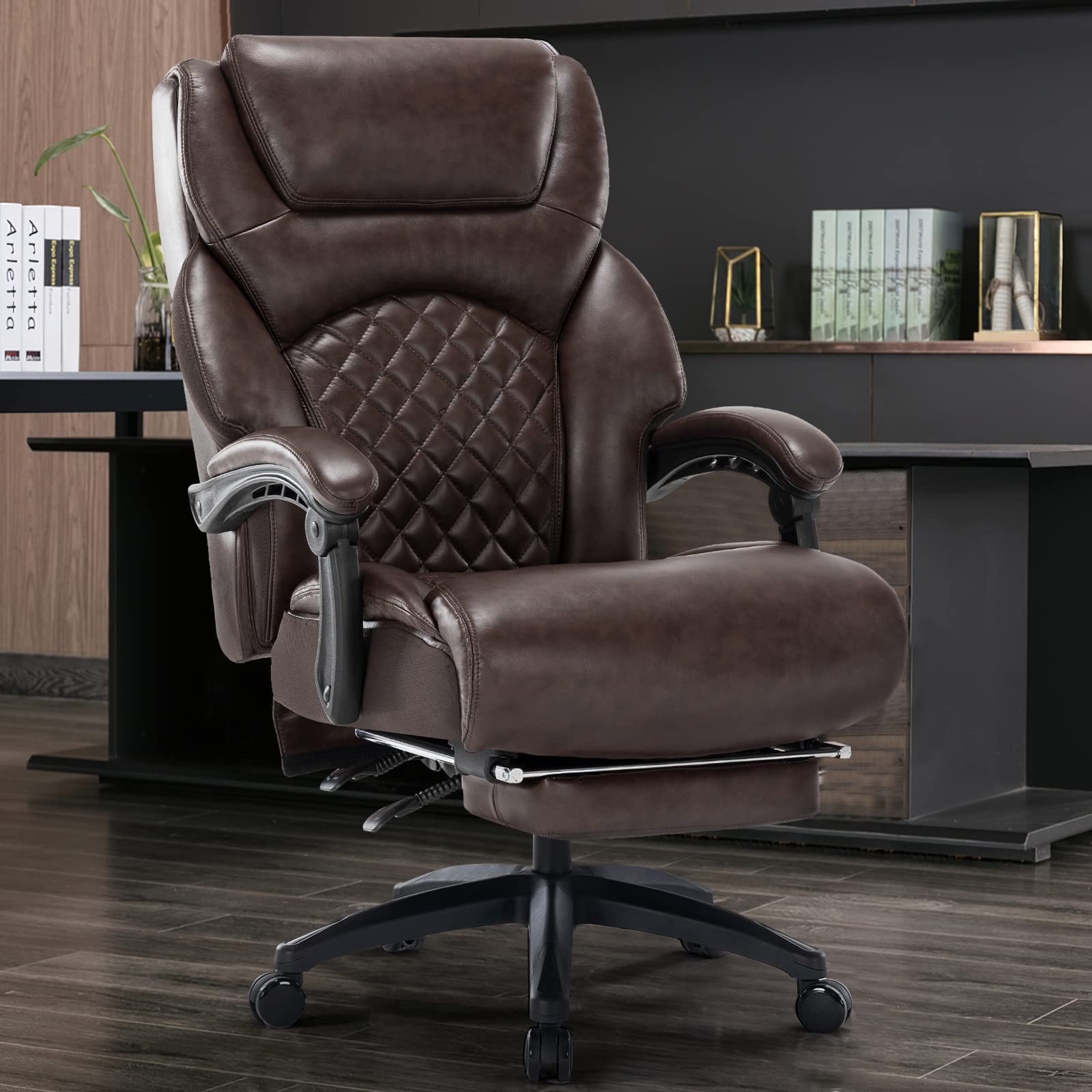 Sumeimics Big and Tall Office Chair Heavy Duty Office Executive Chair Reclining Office Chair with Footrest Brown