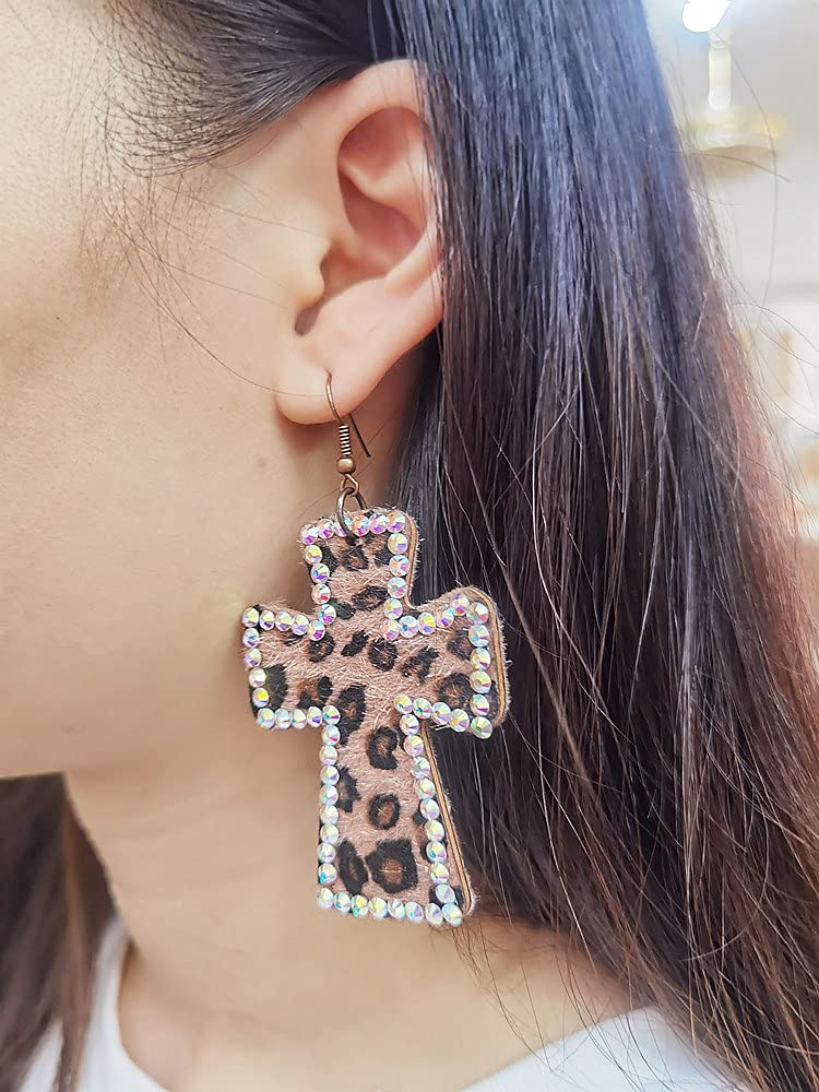 Vintage Leather Cross Dangle Earrings for Women Leopard Print AB Crystal Statement Drop Dangling Hook Stud Earring Boho Lightweight Exaggerated Jewelry