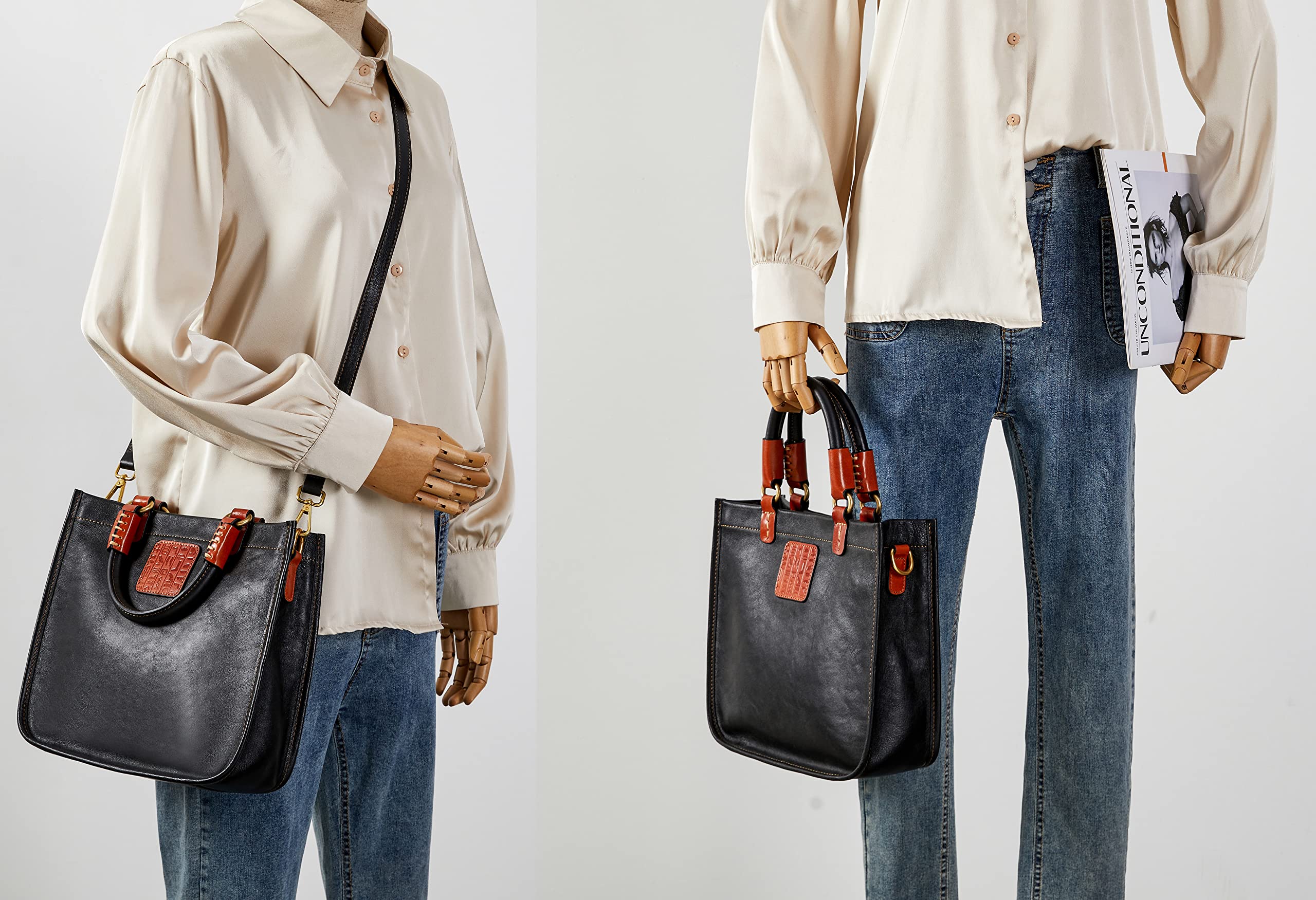 Vintage Leather Tote Bag For Women Casual Top Handle Shoulder Purse With Wide Straps (1-Black)