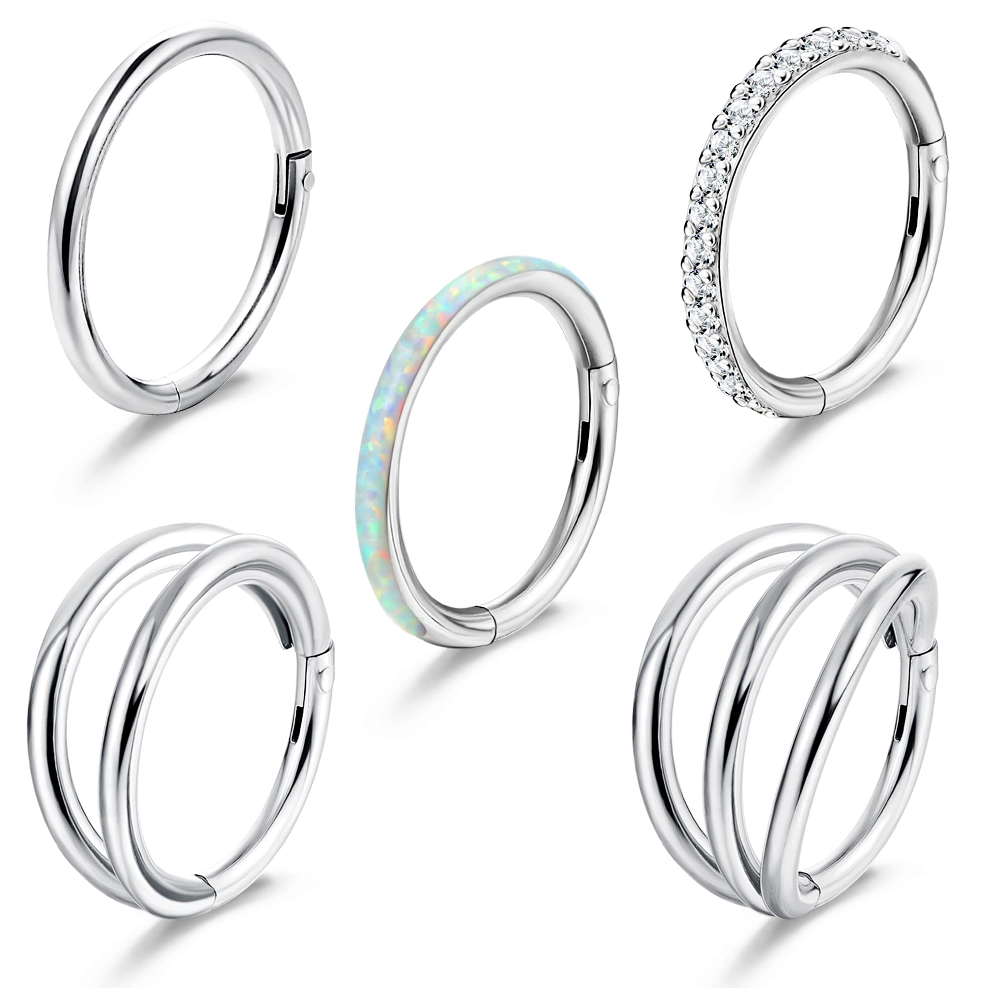 YADOCA 5Pcs 18G 16G Surgical Steel Nose Rings Hoops for Women Men Clicker Septum Hinged Segment Lip Nose Rings Helix Cartilage Conch Rook Earrings CZ Opal Body Piercing Jewelry 8mm 10mm