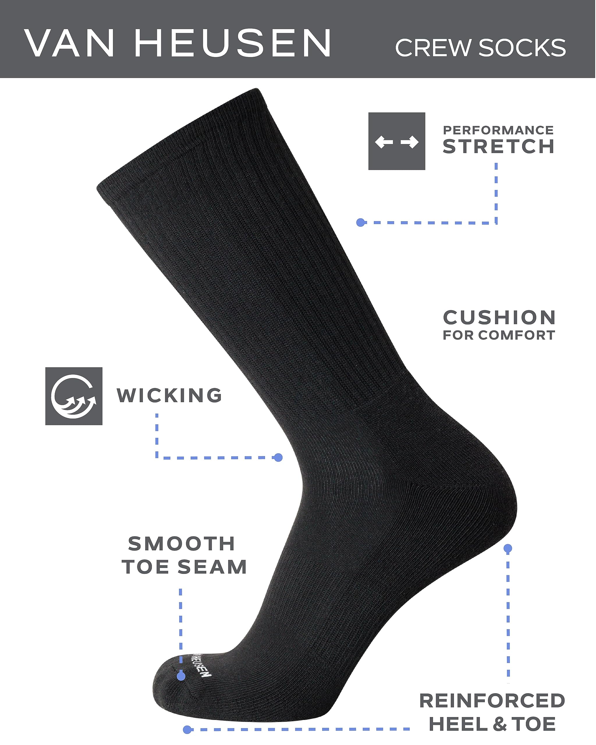 Van Heusen Men's Crew Socks - 10 Pack Performance Stretch Cushioned Crew Socks - Breathable Athletic Socks for Men (6-12.5), Size 6-12.5, Black Logo