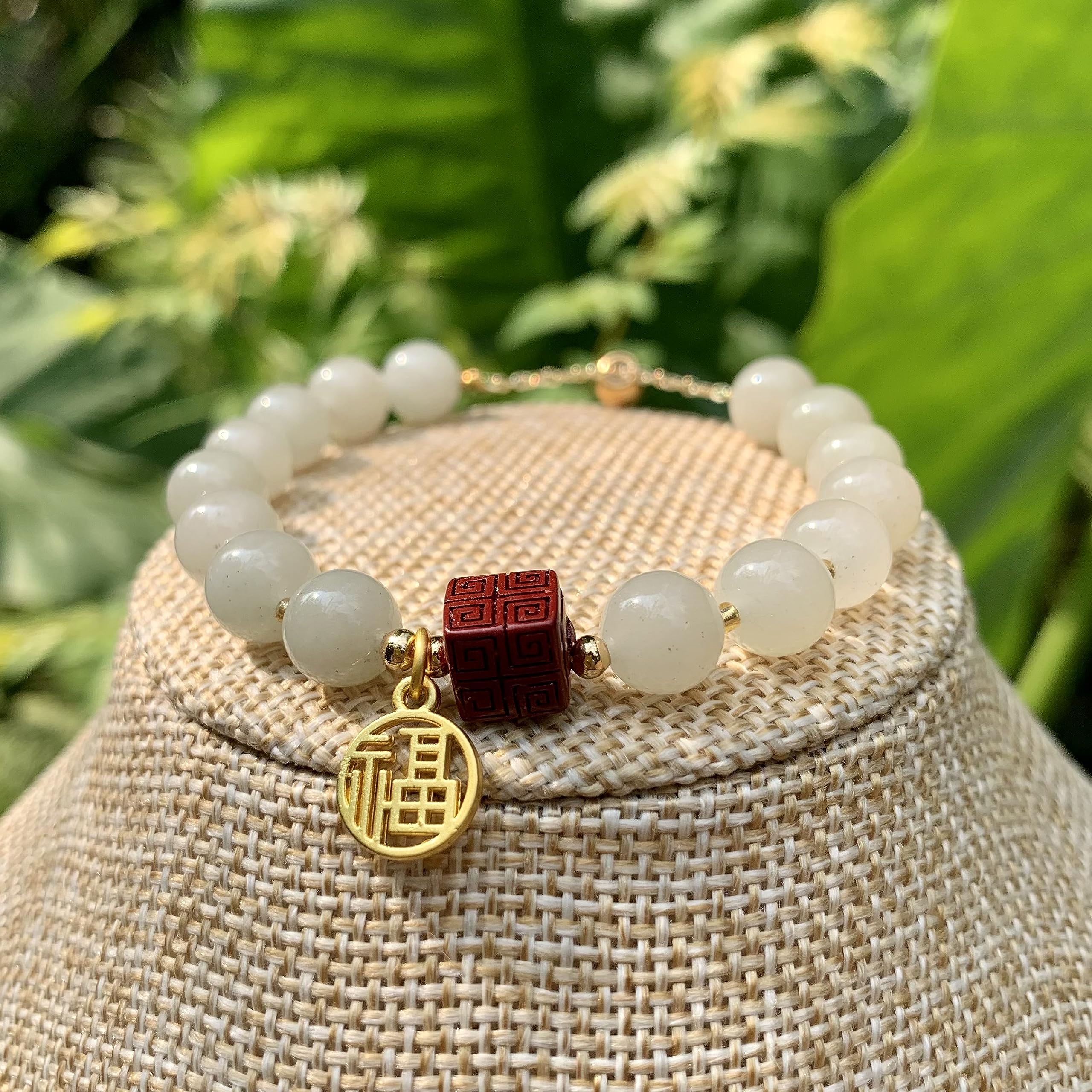 PSEEHEE Handmade Genuine Jade Lucky Fu Charm Bracelet, Feng-shui Stone Chakra Healing Gemstone Crystal Beads Adjustable Bangle Cuff Jewelry Gift for Men Women