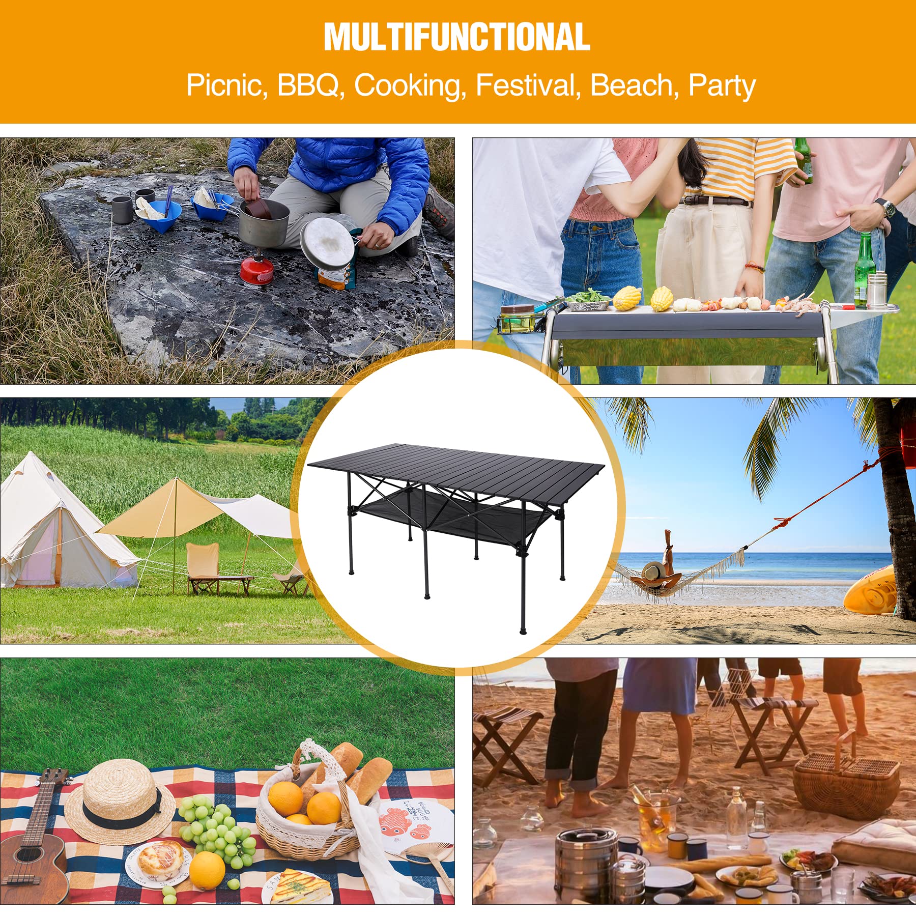 Stonehomy Aluminum Camping Table Roll Top with Mesh Storage 5 FT, Folding Lightweight Roll Up Table for Outdoor Camping Grill, Black, 60x31.5 Inch