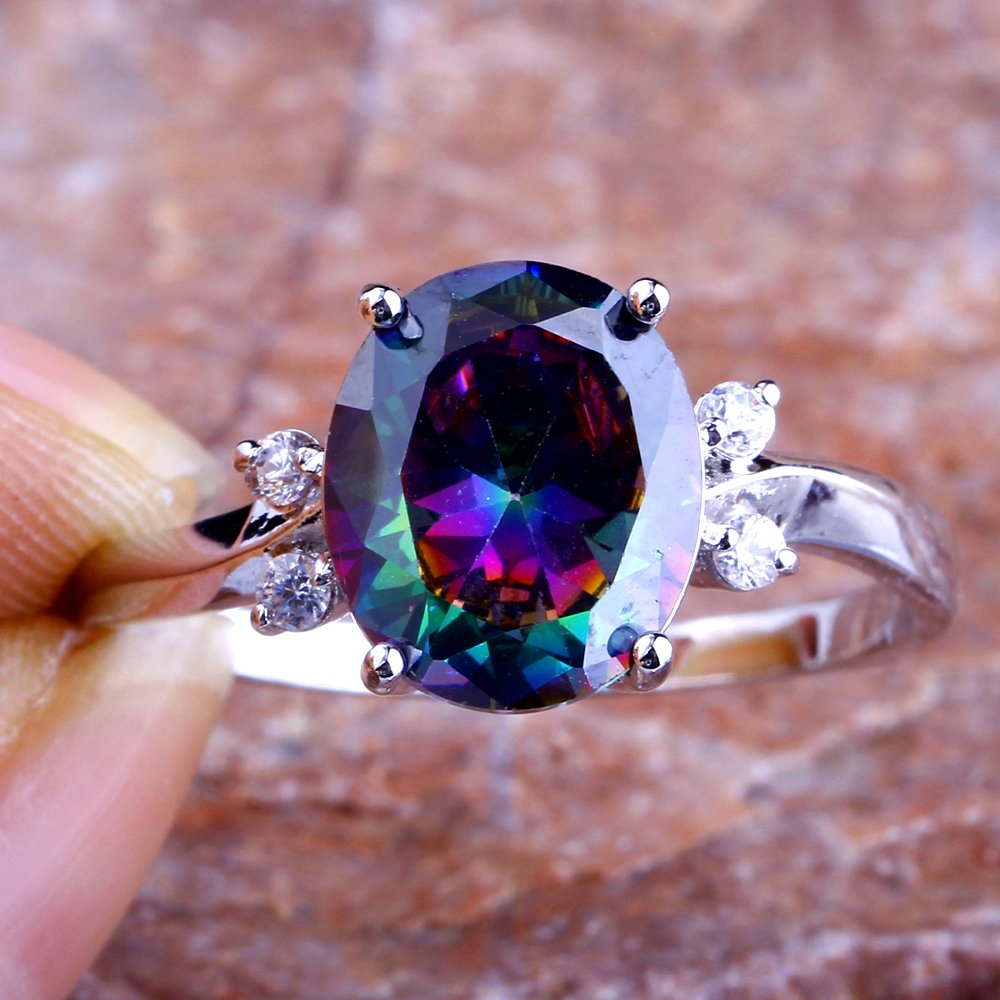 Psiroy 925 Sterling Silver Plated Oval Cut Simulated Rainbow Topaz Promise Ring Size 7