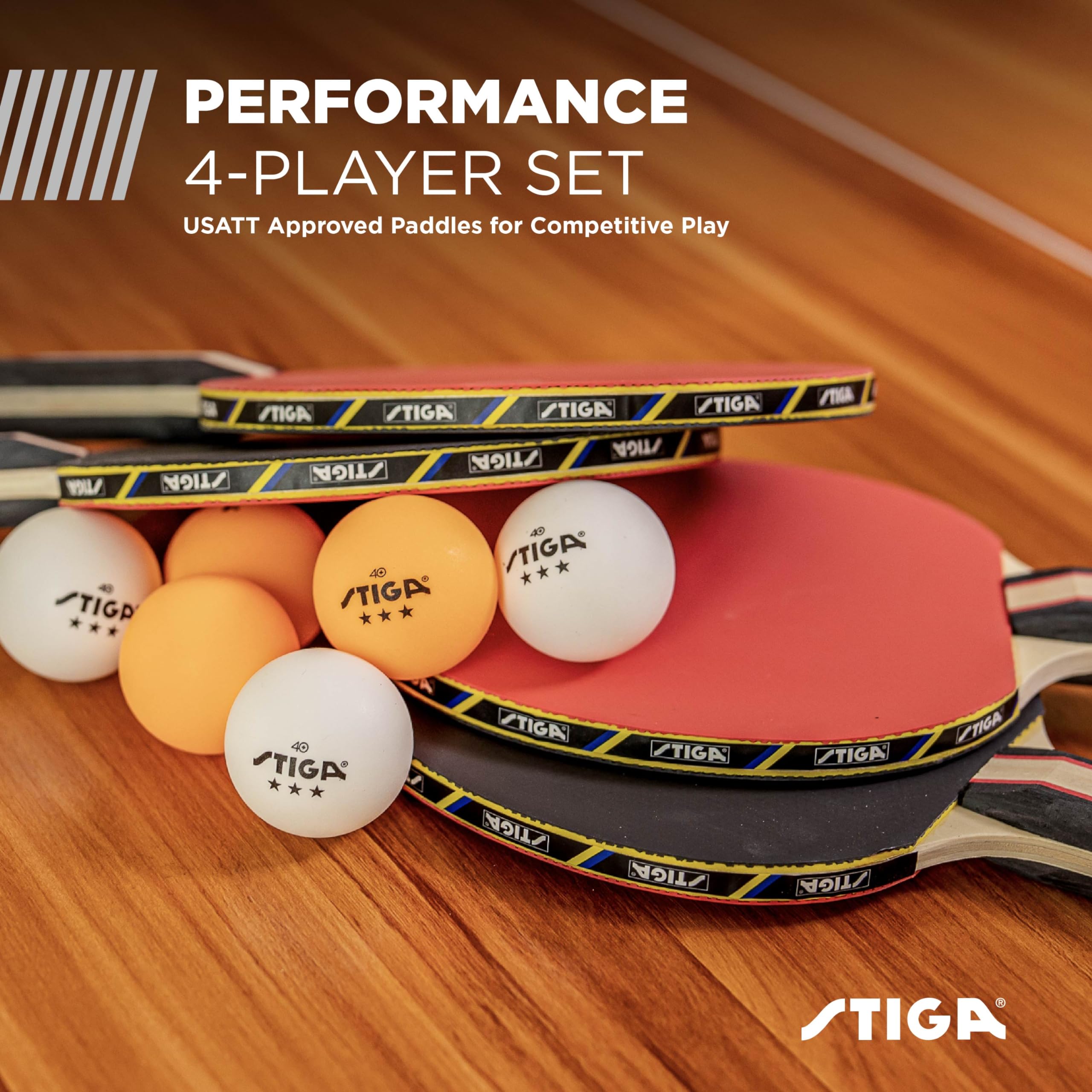 STIGA Performance 4 Player Ping Pong Paddle Set of 4 β Table Tennis Rackets, 6 β 3 Star Orange and White Balls