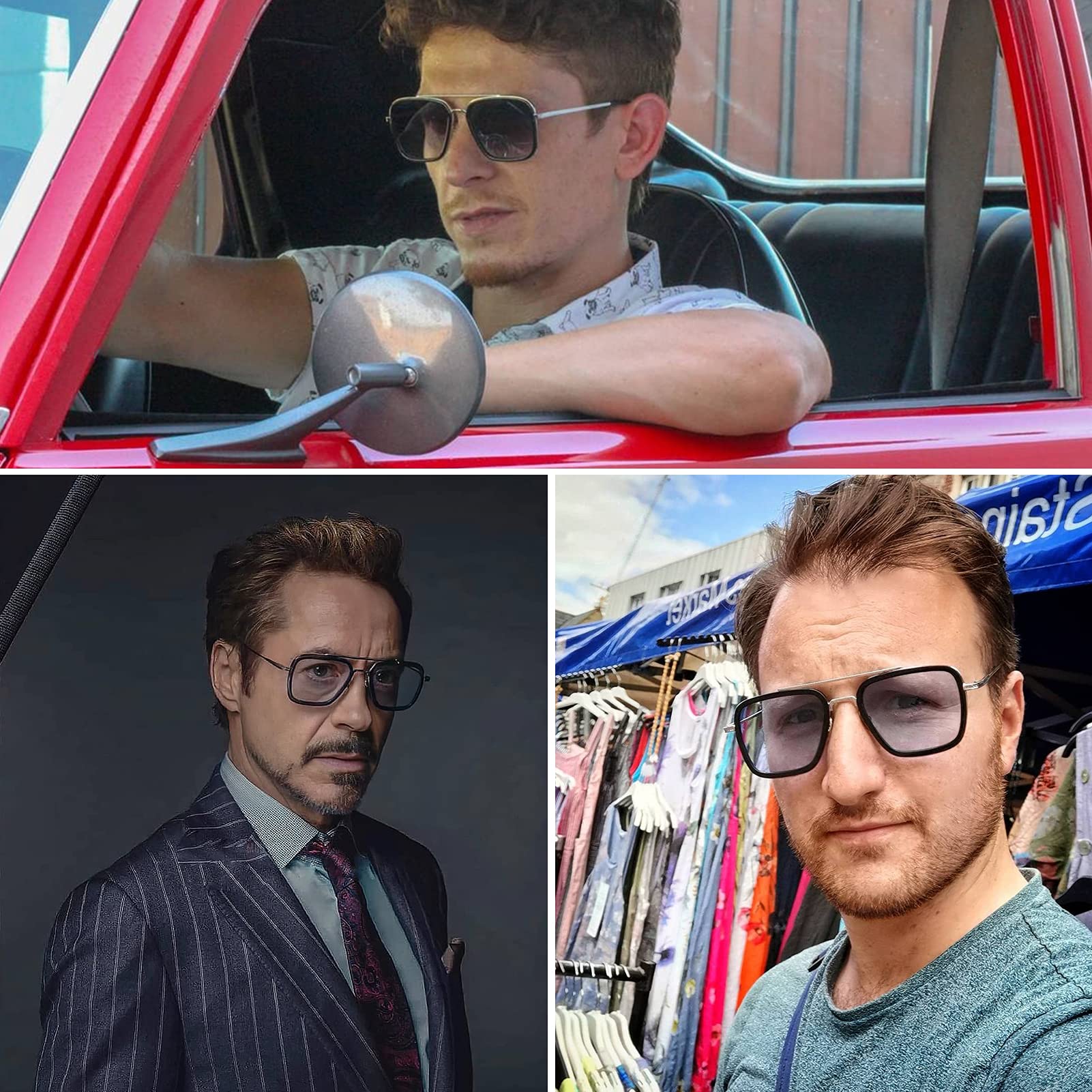 Tony Stark Polarized Sunglasses for Men – Women Vintage Aviator Square Metal Frame Iron Man Edith Glasses (Silver/Blue + Silver/Gradient Gray) - 2 Pack