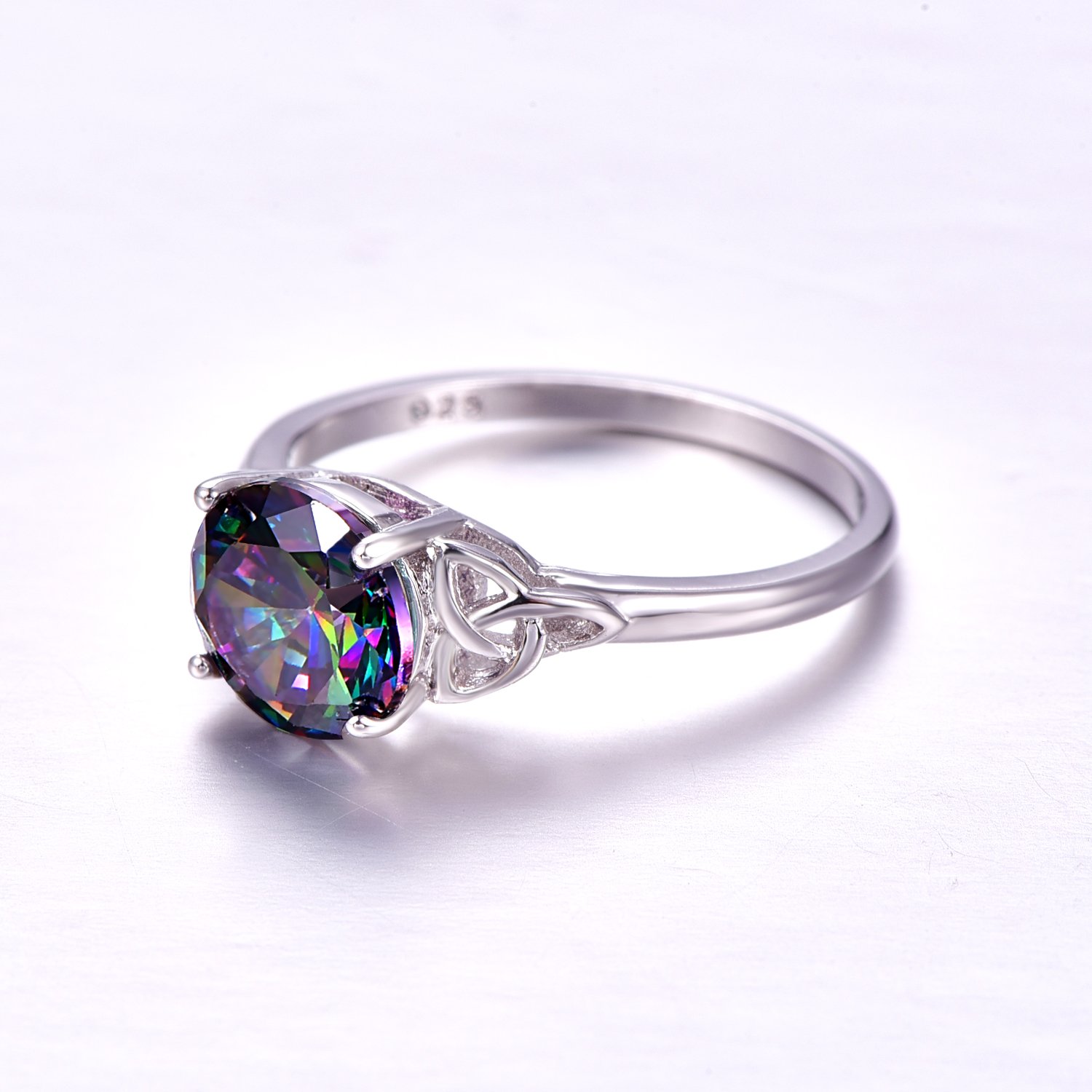 Psiroy 925 Sterling Silver Plated Created Rainbow Topaz Filled Irish Trinity Celtic Knot Ring Size 8
