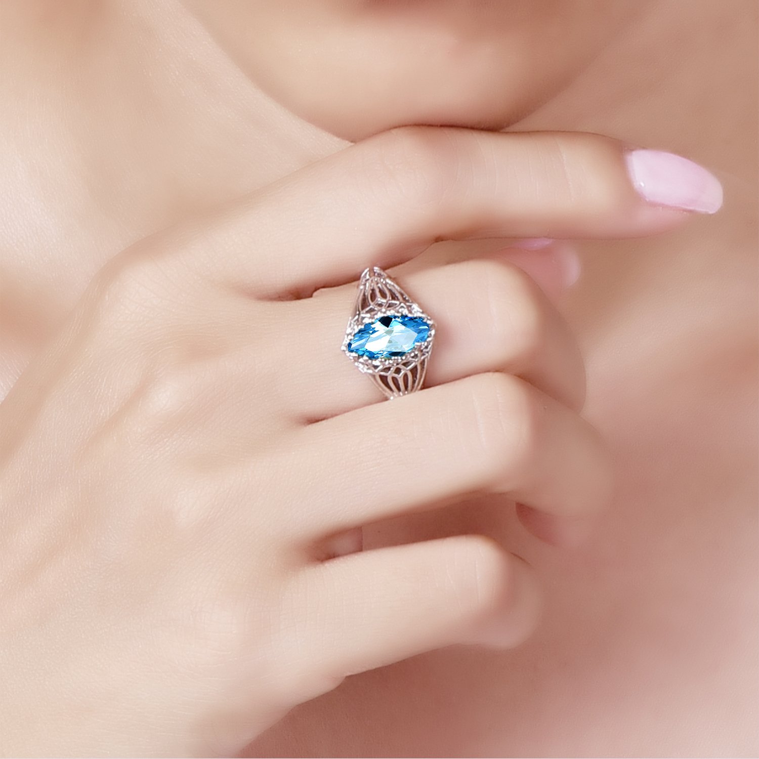 Psiroy 925 Sterling Silver Plated Simulated Blue Topaz Marquise Engagement Ring for Women Size 9