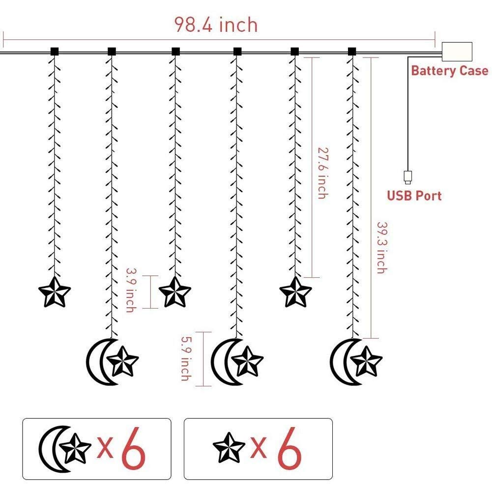 String Lights, 138 LED Star Curtain Lights, Moon Stars String Lights, with 2 Charging Methods (Battery/USB), for Home Garden Outdoor Indoor Wall Decoration