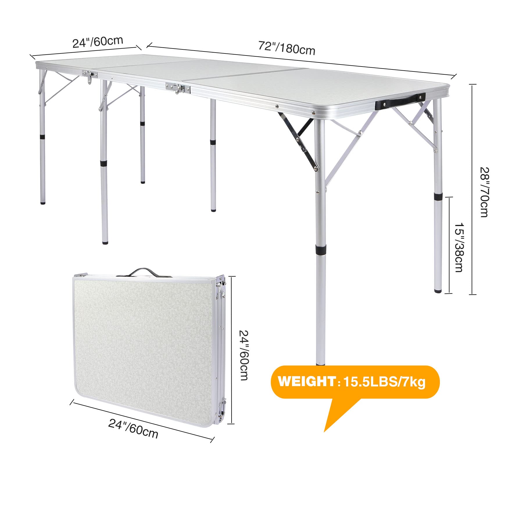 Varbucamp 6ft Folding Camping Table, Aluminum Height Adjustable Tri-fold Camp Table, Small Folding Table for Outdoor Camp Picnic, 2 Heights…