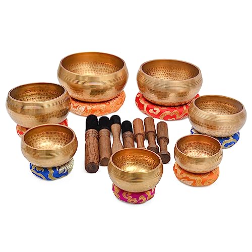 Tibetan Singing Bowl set From 7 Planets, Hand Hammered Design | Meditation Sound Bowl, 7 Chakra bowl, Mallet & Cushion set for Yoga (7 Chakra Set)