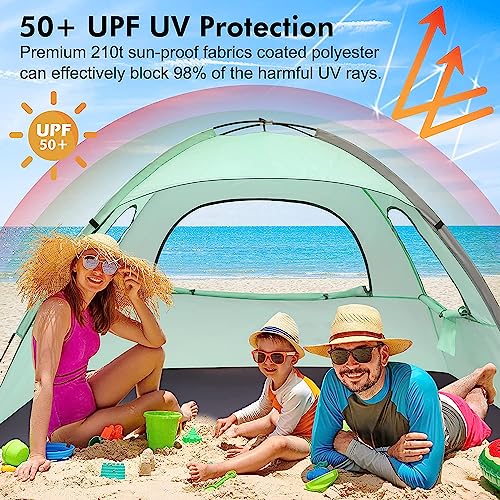 WhiteFang Beach Tent Anti-UV Portable Sun Shade Shelter for 3 Person, Extendable Floor with 3 Ventilating Mesh Windows Plus Carrying Bag, Stakes and Guy Lines (Mint Green)