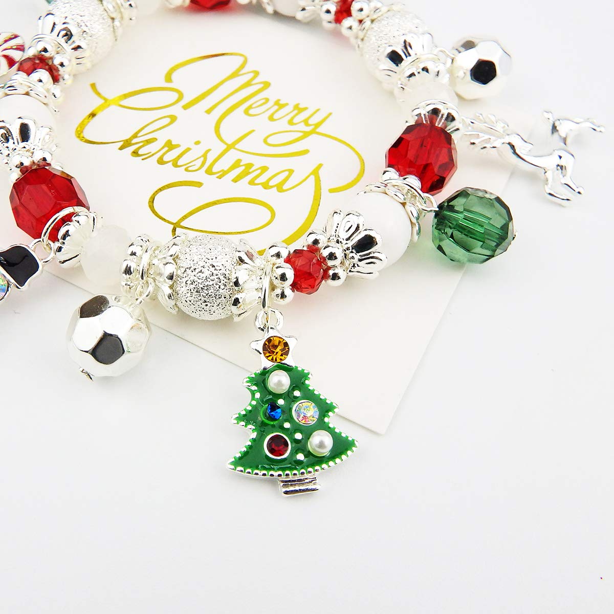 RareLove Christmas Snowflake Charm Beaded Bracelet Stretch Strand Elastic Crystal Silver Tone Dangle Xmas Tree Reindeer Women Girls Holiday Gift