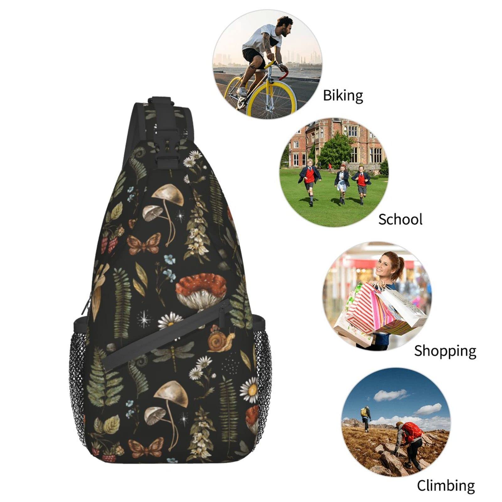 SUPLUCHOM Sling Bag Vintage Mushroom Leaf Forest Hiking Daypack Crossbody Shoulder Backpack Travel Chest Pack for Men Women Over 12 Years Old