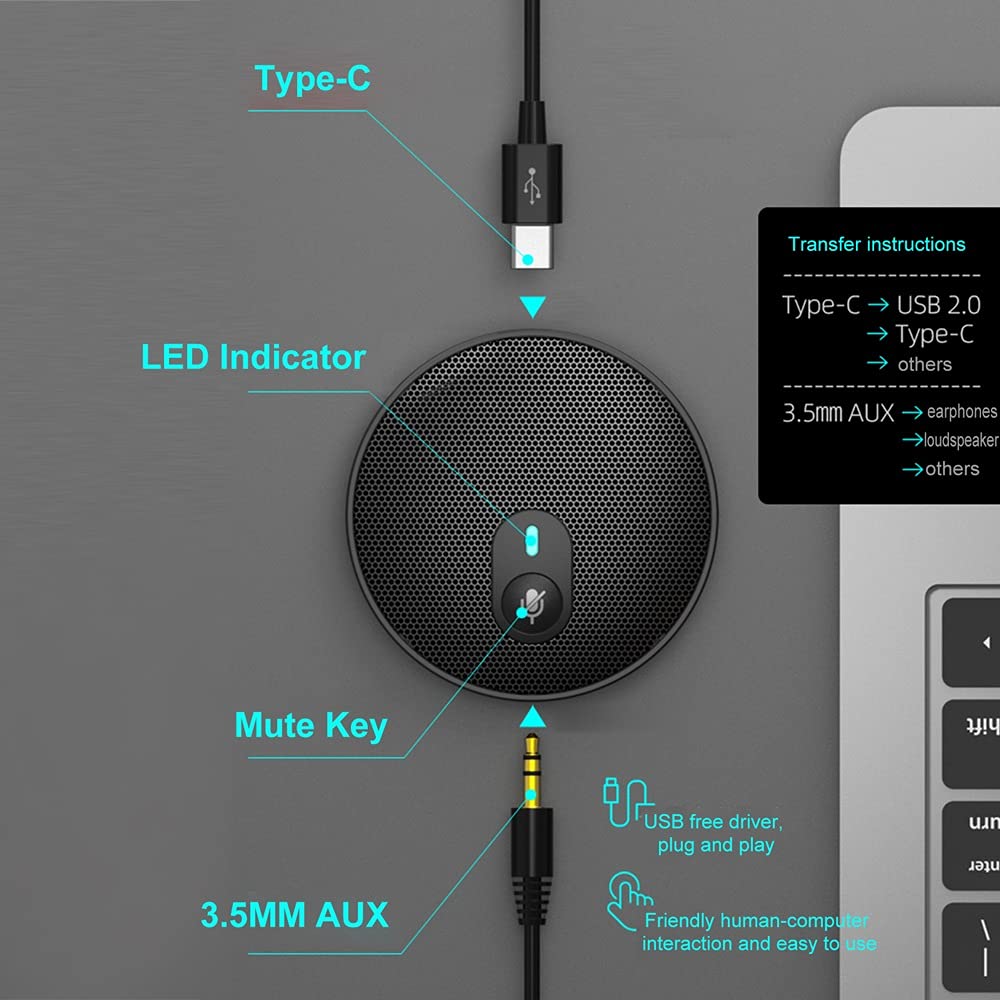 ZSEDP USB Omni-Directional Condenser Microphone for Video Conference Online Learning Sound Pick-up with AUX 3.5MM Type-C Cable