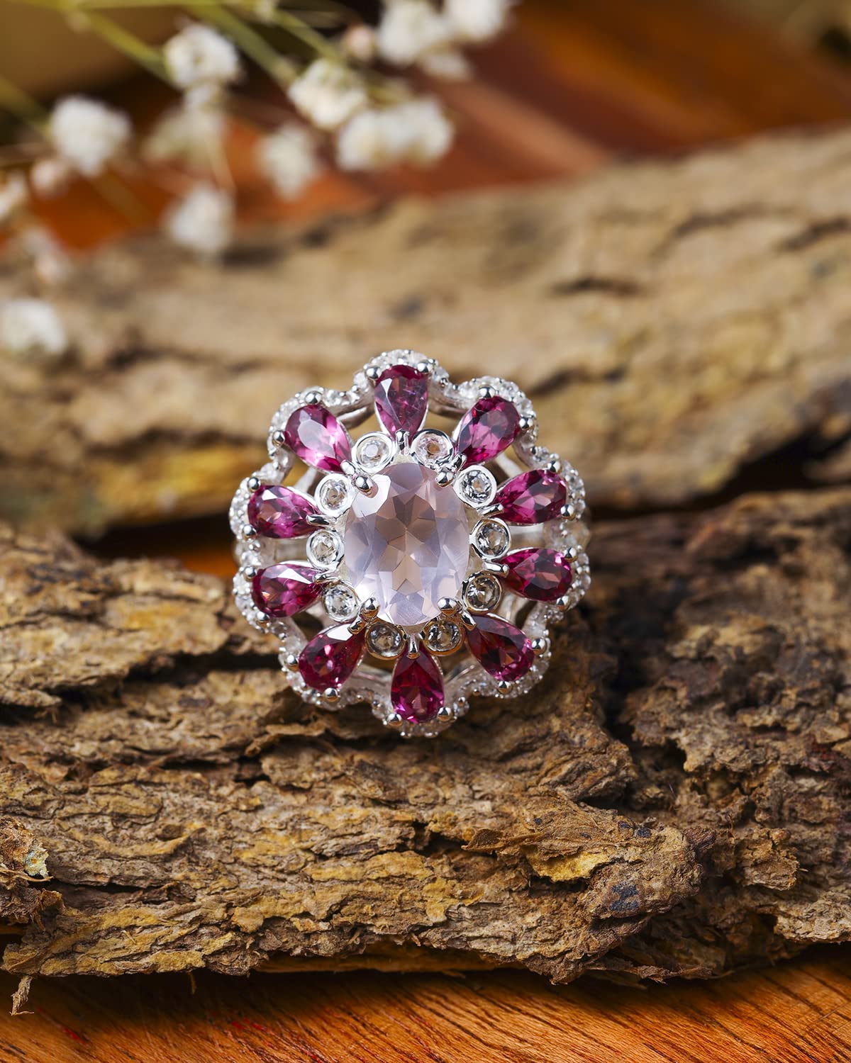 YoTreasure Rose Quartz Rhodolite White Topaz 925 Sterling Silver Engagement Wedding Rings for Women