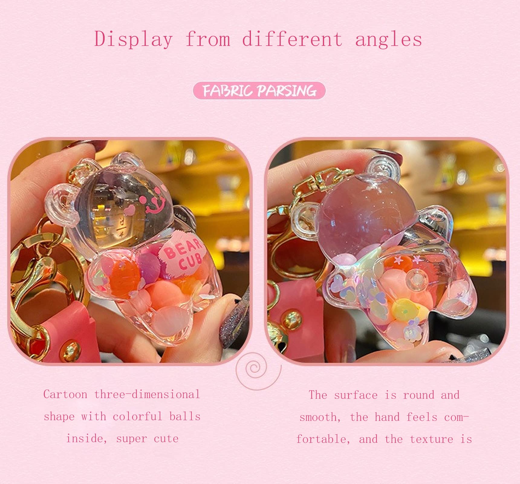 WIMETI Kawaii Keychain Bear Liquid Floating Quicksand Cute Keychains Bag Charm Wristlet Bracelet Key Ring for Women Girl (Pink)
