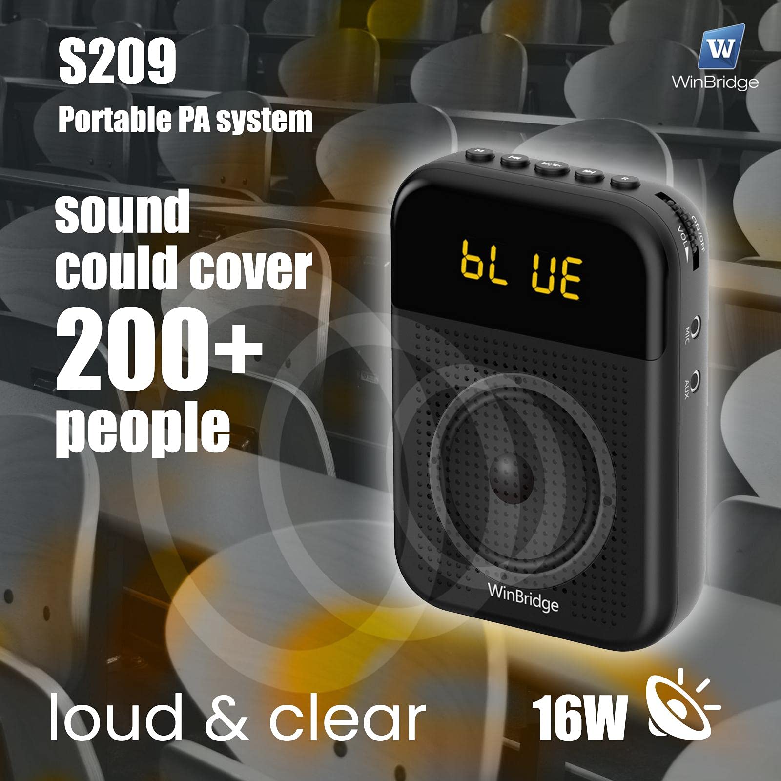 WinBridge Voice Amplifier Portable Speaker with Wired Microphone Headset 16W | 2500mAh Larger Capacity Mini Pa System Support Bluetooth | Record | Mute | LED Display for Teachers S209