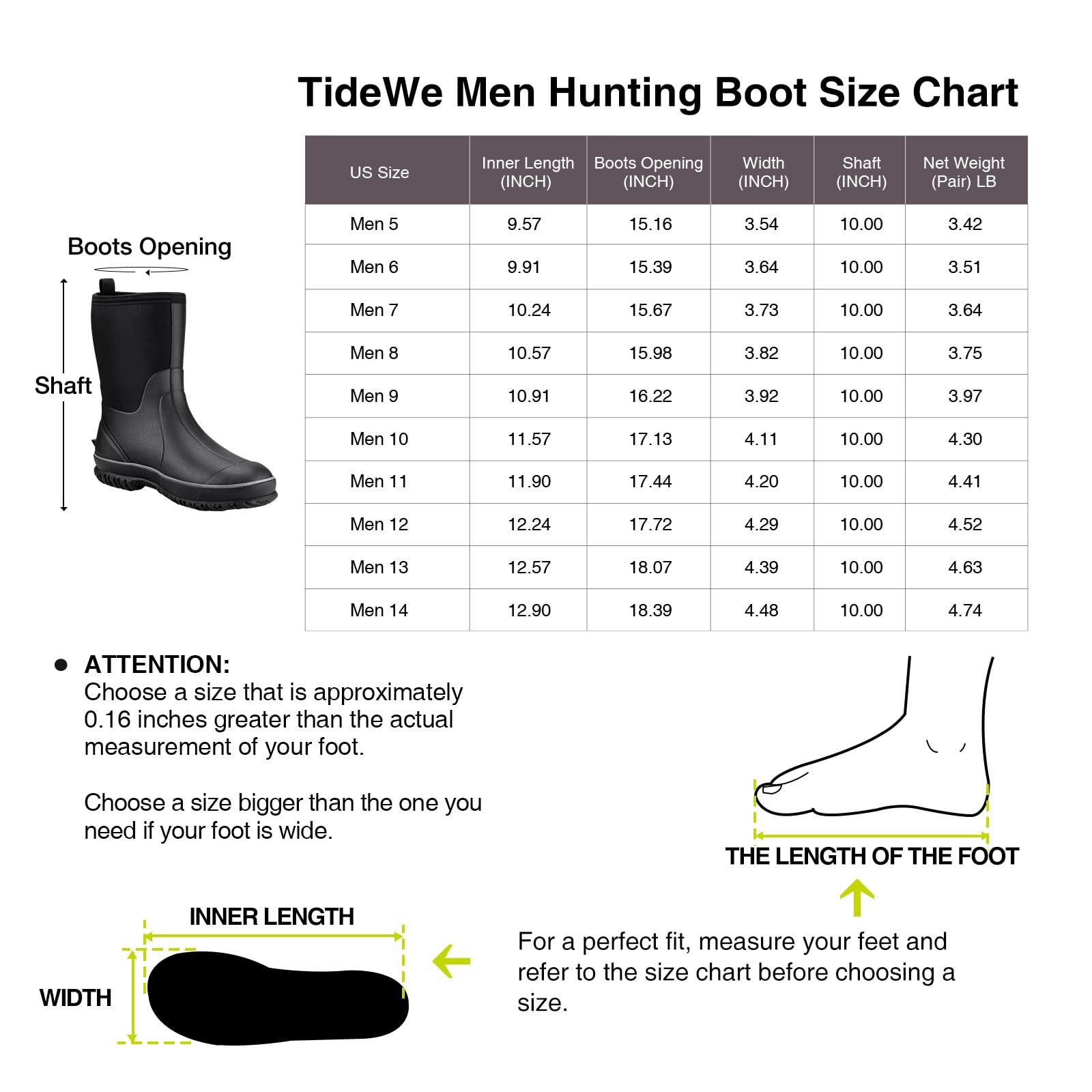TIDEWE Rubber Boots for Men, 5.5mm Neoprene Insulated Rain Boots with Steel Shank, Waterproof Mid Calf Hunting Boots, Sturdy Rubber Work Boots for Farming Gardening Fishing (Black Size 9)