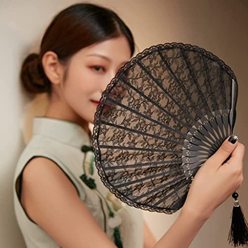 WLABS Folding Fans Black Embroidery Shell-Shaped Lace Cheongsam Folding Fan Dance Ancient Style Small Round Fan Handheld Folding Fan (Color : B, Size : 22cm)