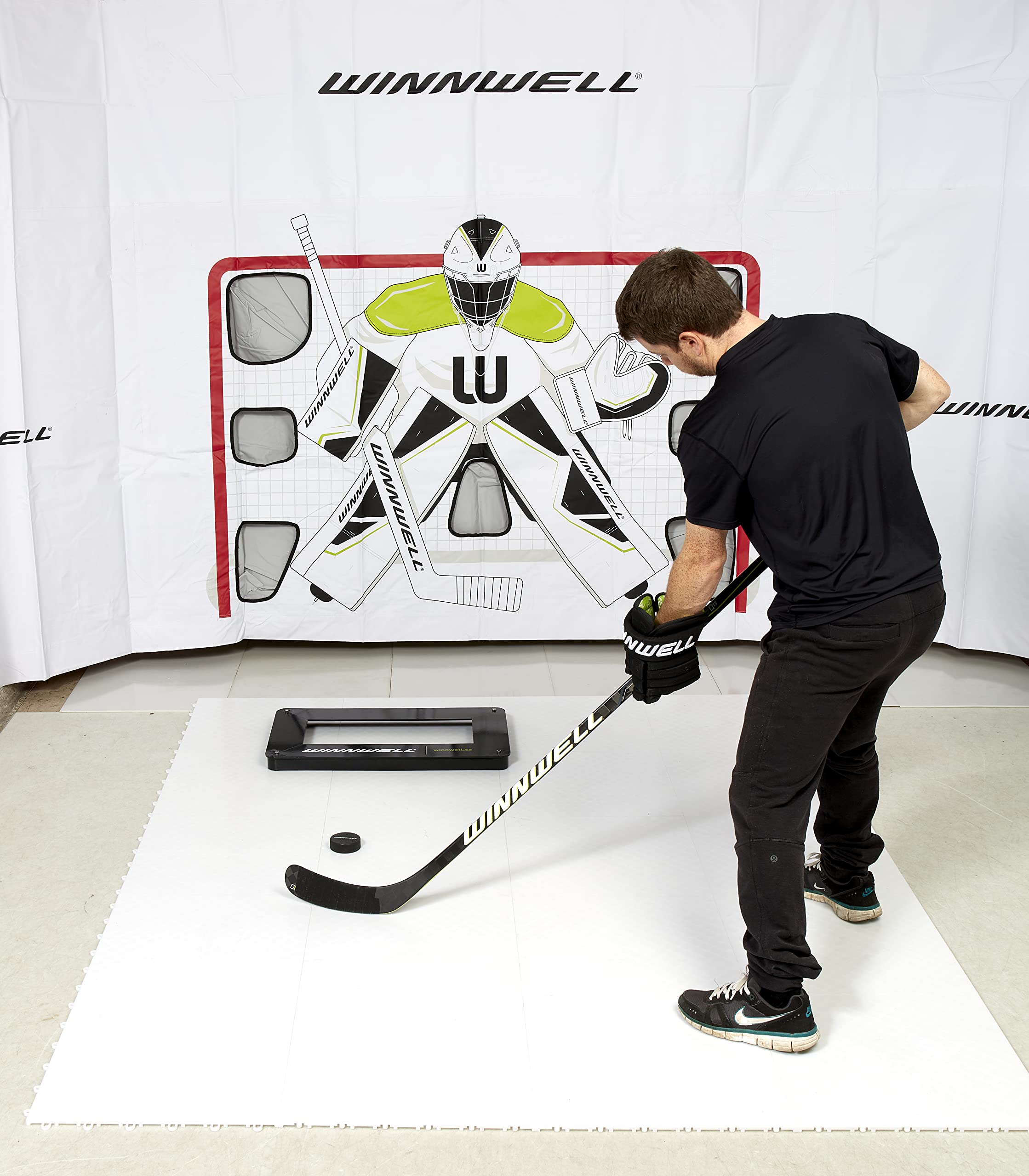 Winnwell 4Way Hockey Passing Aid - Passing & Stick Handling Trainer Suitable for On/Off Ice, Help Improve Puck Control & Shooting with Rubber Rebounder Passing Aide | Equipment Made for Kids & Adults