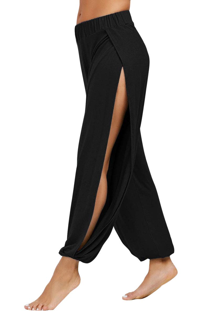 PACBREEZE Women's Yoga Harem Pants Side Slit Joggers Active Workout Sweatpants Beach Cover-up Pants(Black, Small)