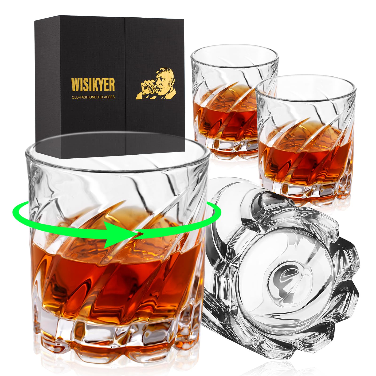 WISIKYER Whiskey Glasses Set 4, Spinning Bourbon Glass with Luxury Box Rotating Old Fashioned Rocks Glass Gifts on Birthday/Retirement/Anniversary, Scotch Glass Cup Gifts for Men