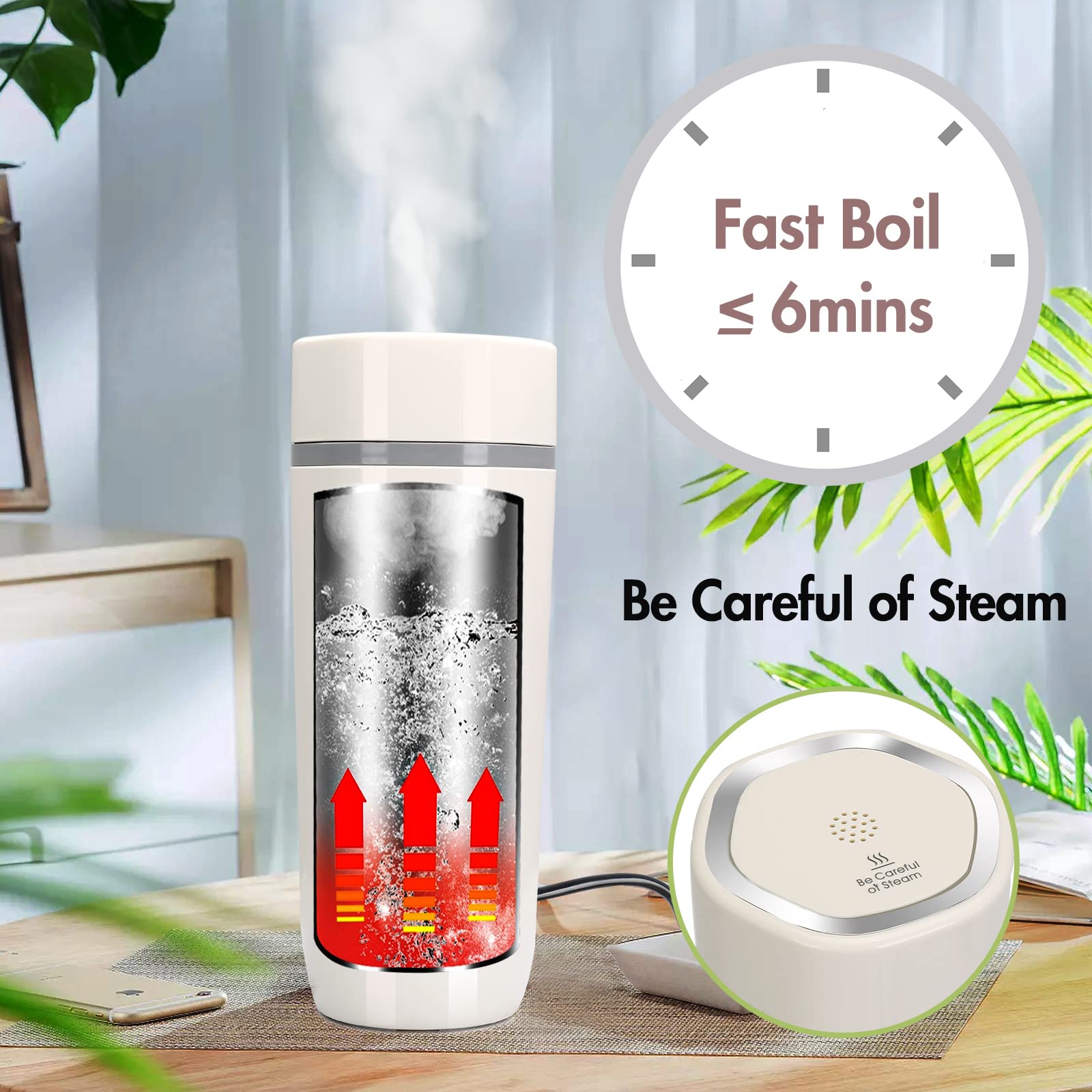 Travel Water Kettle,Portable 350ml Electric Heating Cup,Stainless Steel Bottle Heating Water Boilers Hot Water Maker for Brew Milk Powder,Coffee Tea Fast Boil Auto Shut Off Father's Day Gift(White)