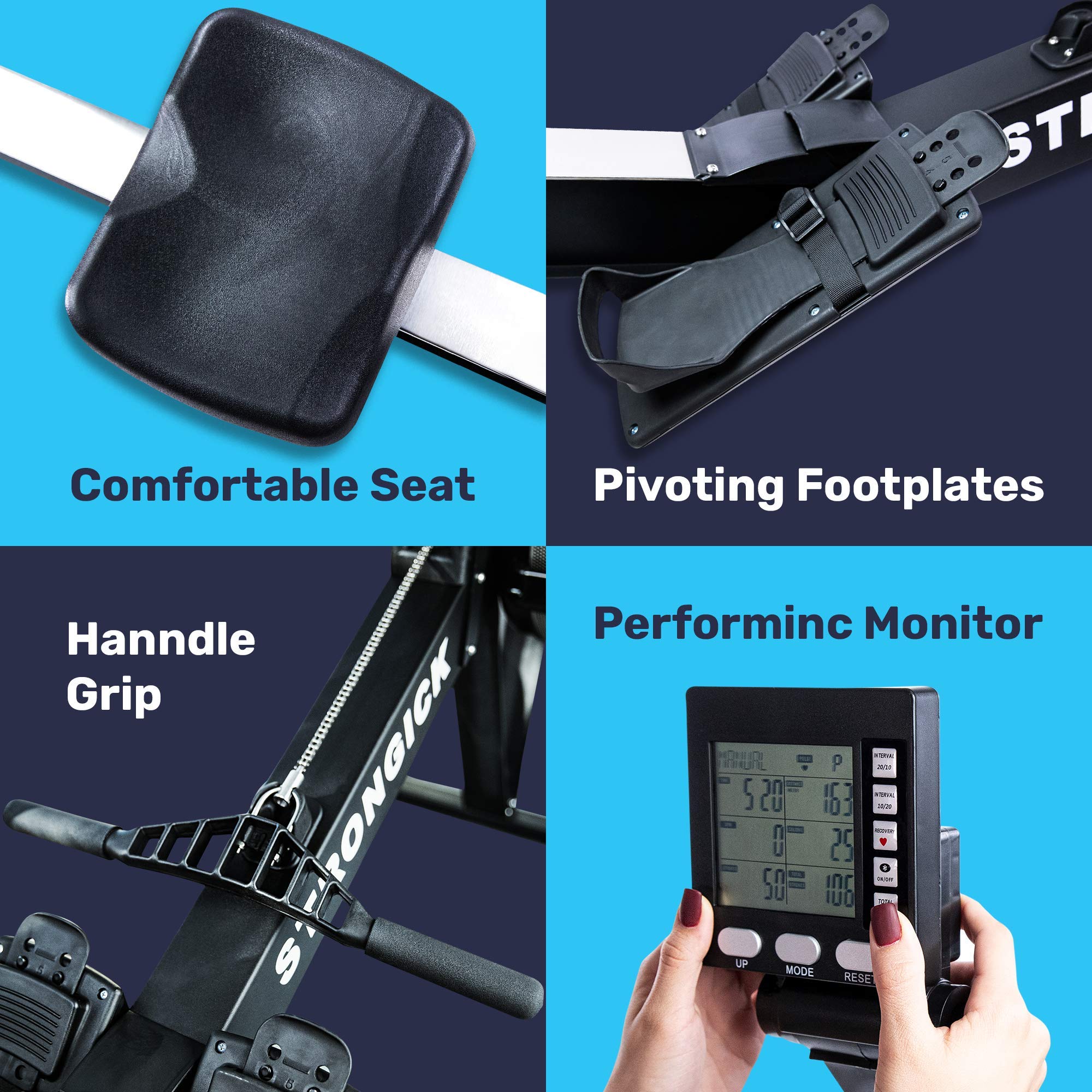STRONGICK Foldable Rowing Machine with 10 Resistance Settings - Bluetooth Option, Transport Wheels, LCD Monitor - Rower Machine for Home, Office, Garage Use
