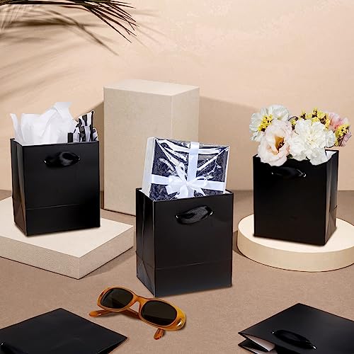 Plauthus 16 Pack Mini Black Gift Bags with Handles & Tissue Paper, Small Gift Bags Bulk for Wedding, Bridal, Birthday, Holiday (4.5β x4β x2.75β)