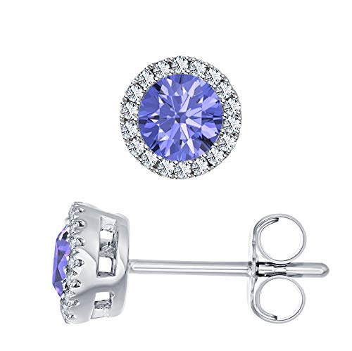 Round Cut Tanzanite & CZ Diamond Halo Stud Earring For Women Girls 14k White Gold Over .925 Sterling Silver