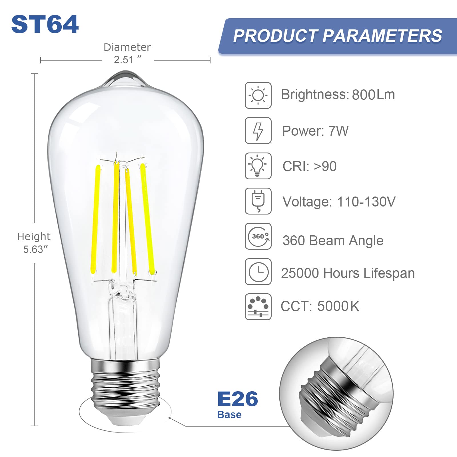 Vintage Edison Bulbs,Light Bulbs 60 Watt,E26 LED Bulb 60 Watt Equivalent,Dimmable LED Light Bulbs,7W 800Lms,Daylight White 5000K,90+ CRI,ST64 Antique LED Filament Bulbs,E26 Base,Clear Glass, Pack of 4