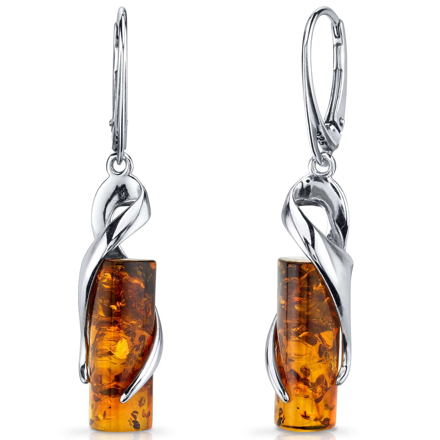 Peora Genuine Baltic Amber Dangle Earrings for Women 925 Sterling Silver, Cylindrical Drop Design, Rich Cognac Color, Lever backs