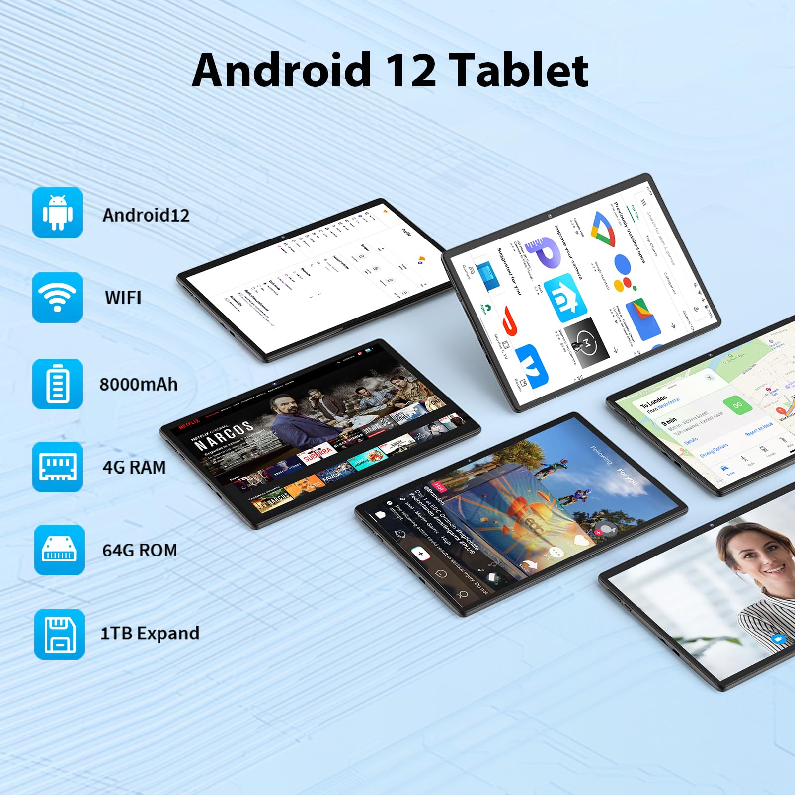 Relndoo Android Tablet, 10.1 Inch Android 12 Tablet with 8000mAh Battery, 4GB RAM 64GB ROM, 1TB Expand, GMS Certified, HD Screen, Dual Camera, WiFi, Bluetooth