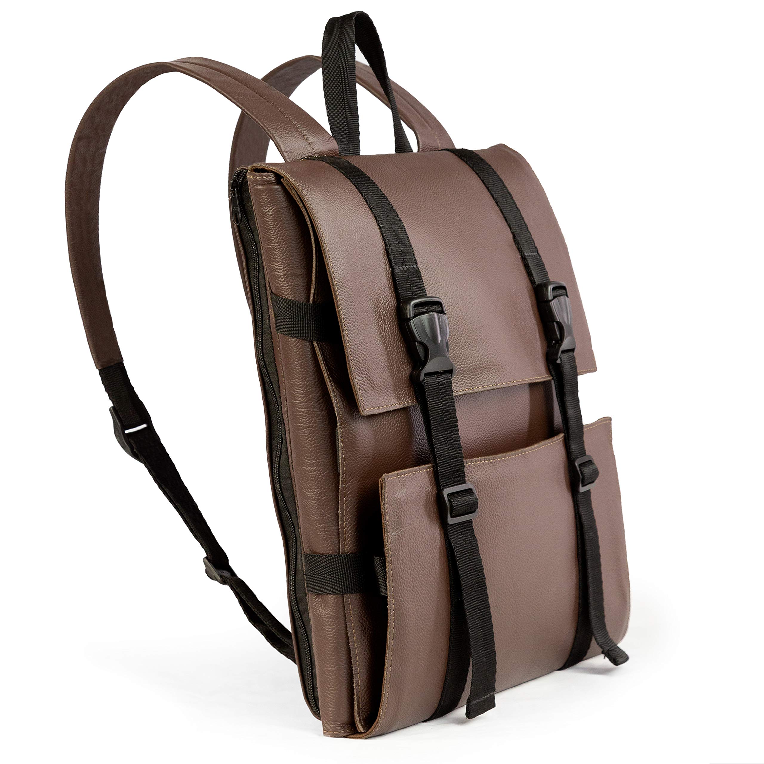 Under NY Sky Knife Bag - Brown Real Leather - 13 Knife Slots, 2 Zipped Pockets for Kitchen Utensils, Large Pocket for Tablets & Notebooks - Expandable - Tool Storage Bag Style for Chefs, Cooks, BBQ