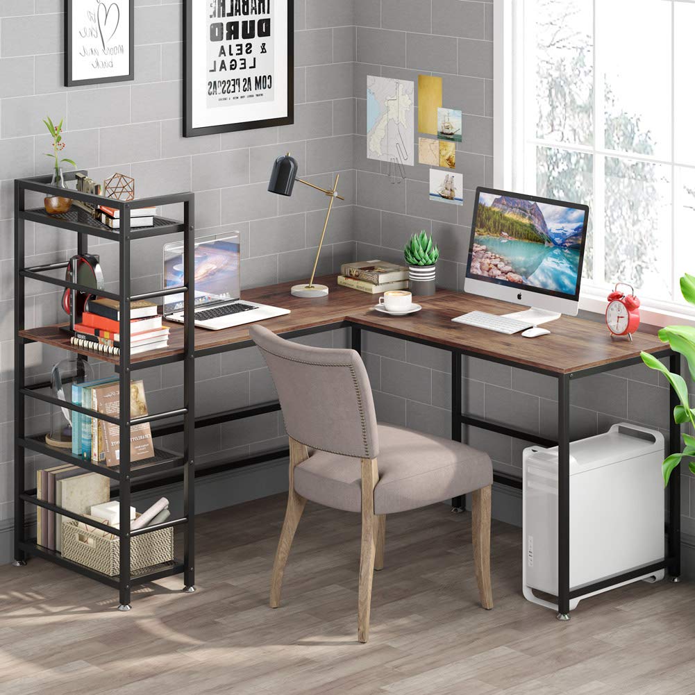Tribesigns 59 Inch L Shaped Computer Desk, Corner Desk with 4-Tier Storage Shelves, Rustic L-Shaped Desk with Bookshelves for Home Office, Writing Study Workstation PC Gaming Table L Desk (Walnut)