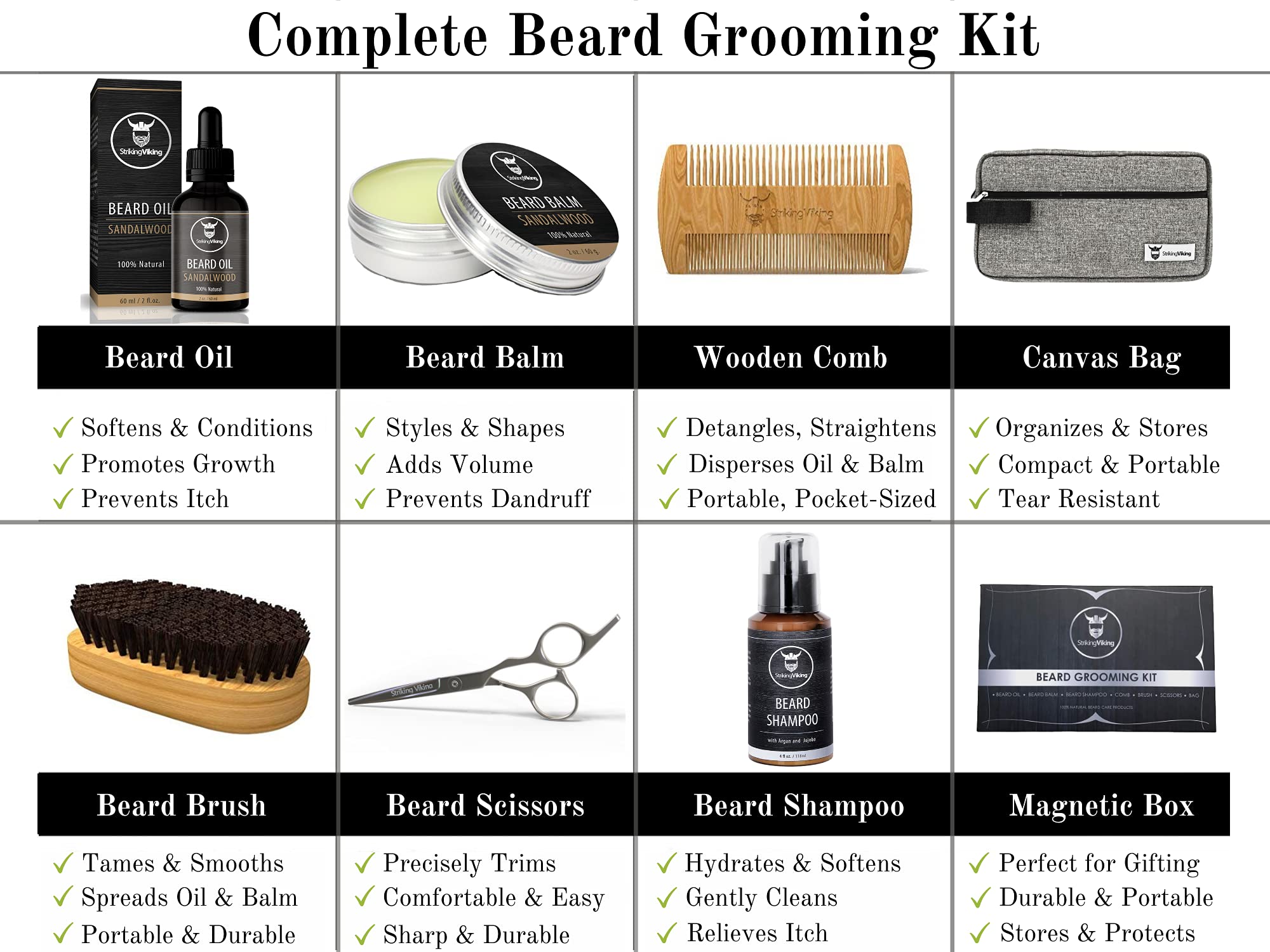 Striking Viking Beard Grooming Kit - Premium Beard Care Products for Men β Beard Shampoo, Beard Oil, Beard Balm Butter, Beard Brush, Wooden Comb, Mustache Scissors, & Toiletry Bag