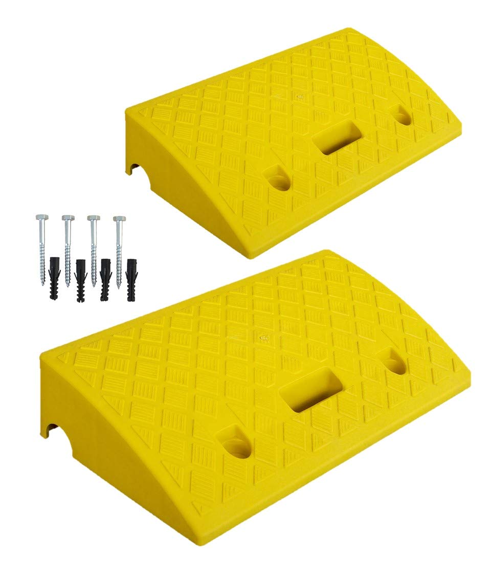 Sonic Bee Portable Plastic Curb Ramp 2 PC - Heavy Duty Lightweight Threshold Ramp for Driveway, Sidewalk, Loading Dock, Garage, Motorcycle, Car, Truck, Wheelchair Mobility - 4 Mounting Bolts Included