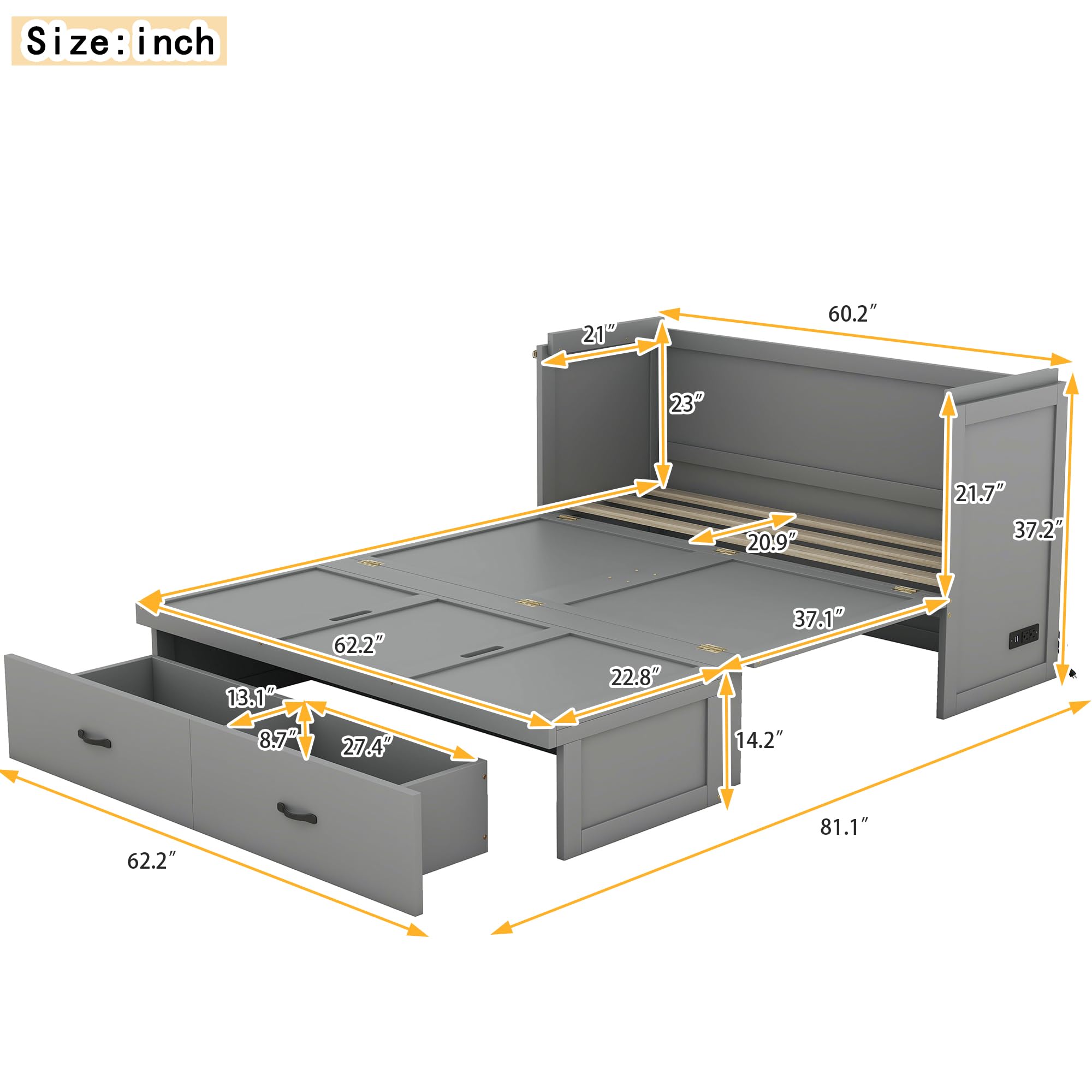 Queen Size Murphy Bed and Storage Drawers and USB Port, Space-Saving Wall Bed with Storage,Murphy Bed for Living Room
