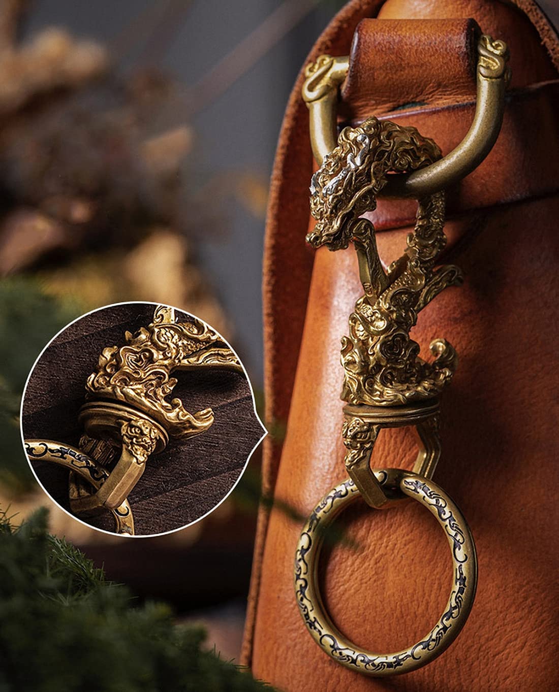 Vintage Style Brass Dragon Design Swivel Snap Hook Key Chain W/Rings Trigger Clip Keyring ( 925 Silcer Horn + Ring + Dragon ), 5.8 x 1.2 x 0.6 inch