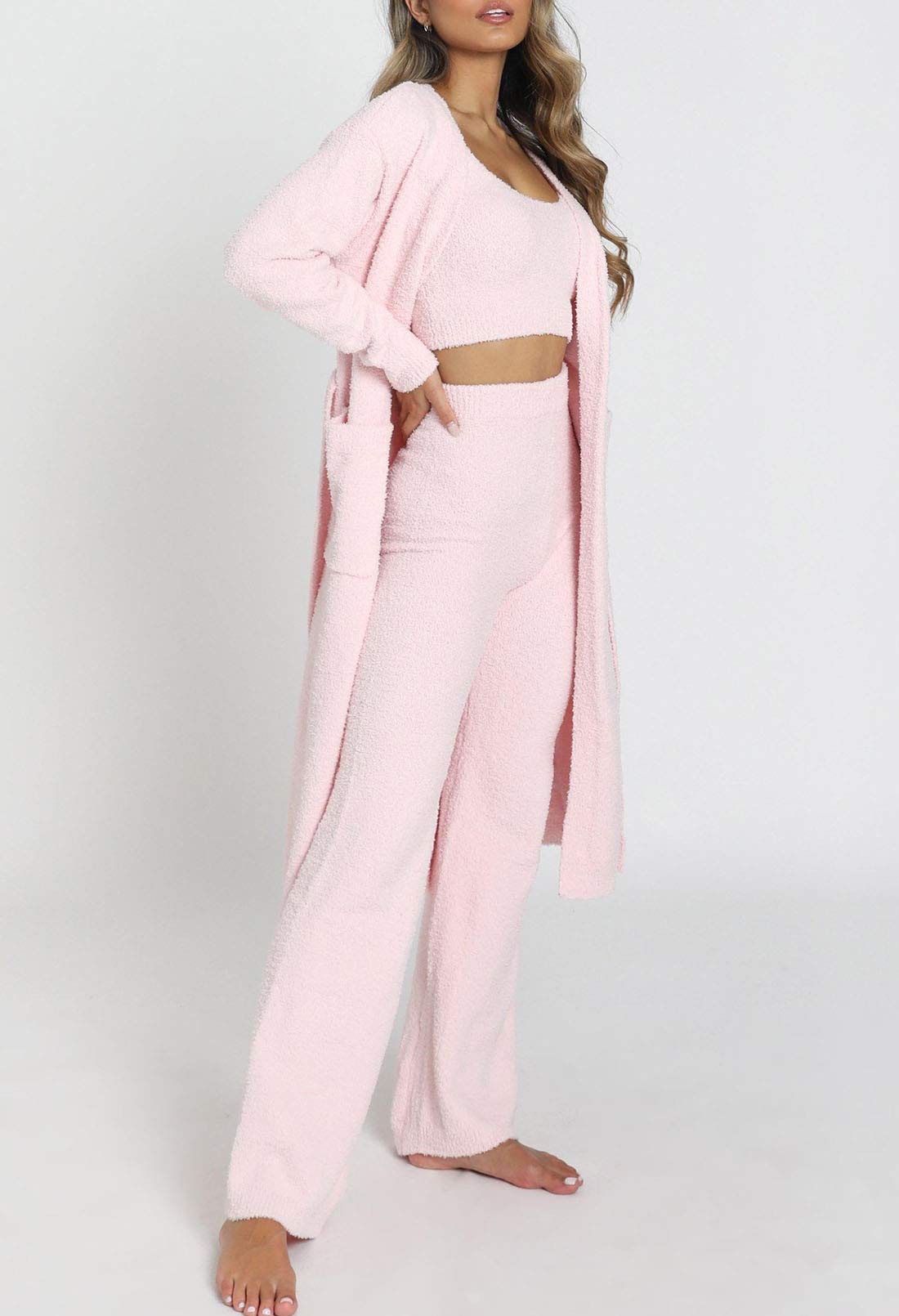 VamJump Womens 3 Piece Pajama Set Scoop Neck Vest Tops High Waist Pants Open Front Cardigan Set,Pink,S