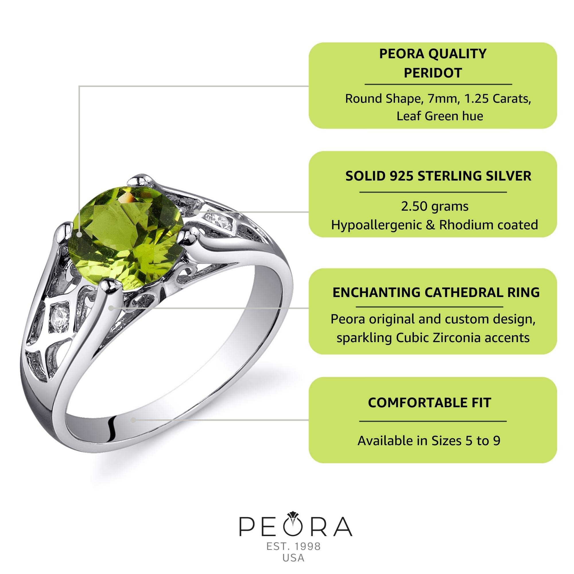 PEORA Genuine Peridot Ring for Women 925 Sterling Silver, 1.25 Carats Round Shape, Cathedral Style Solitaire, Size 8